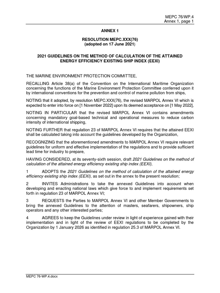 Annex 1 Resolution Mepc - XXX (76) (Adopted On 17 June 2021 | PDF | Marine Propulsion | Ships
