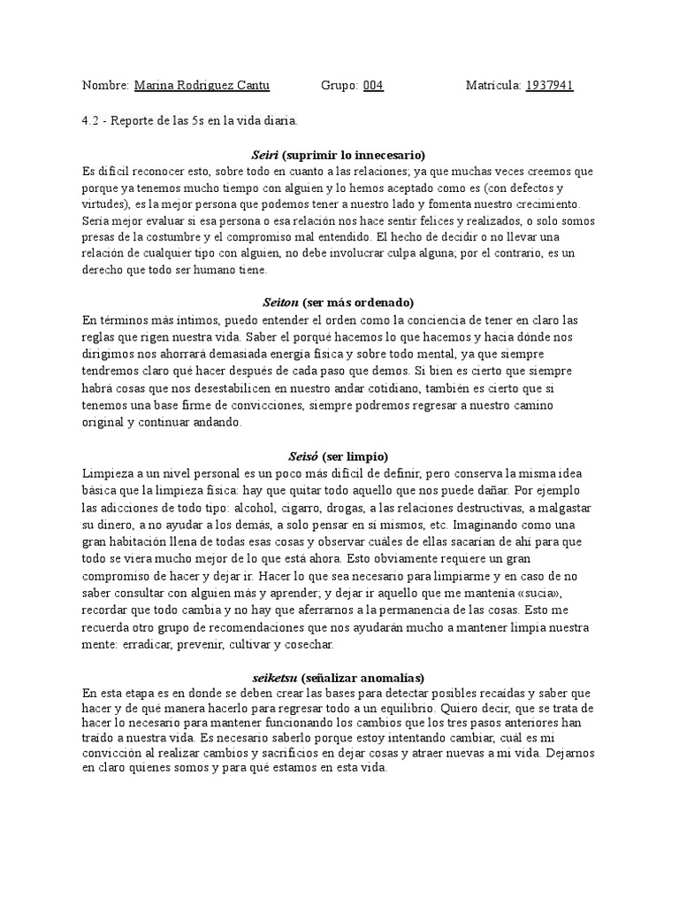 Reporte de Las 5s en La Vida Diaria | PDF