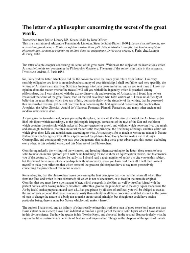 The letter of a philosopher concerning the secret of the great work ...