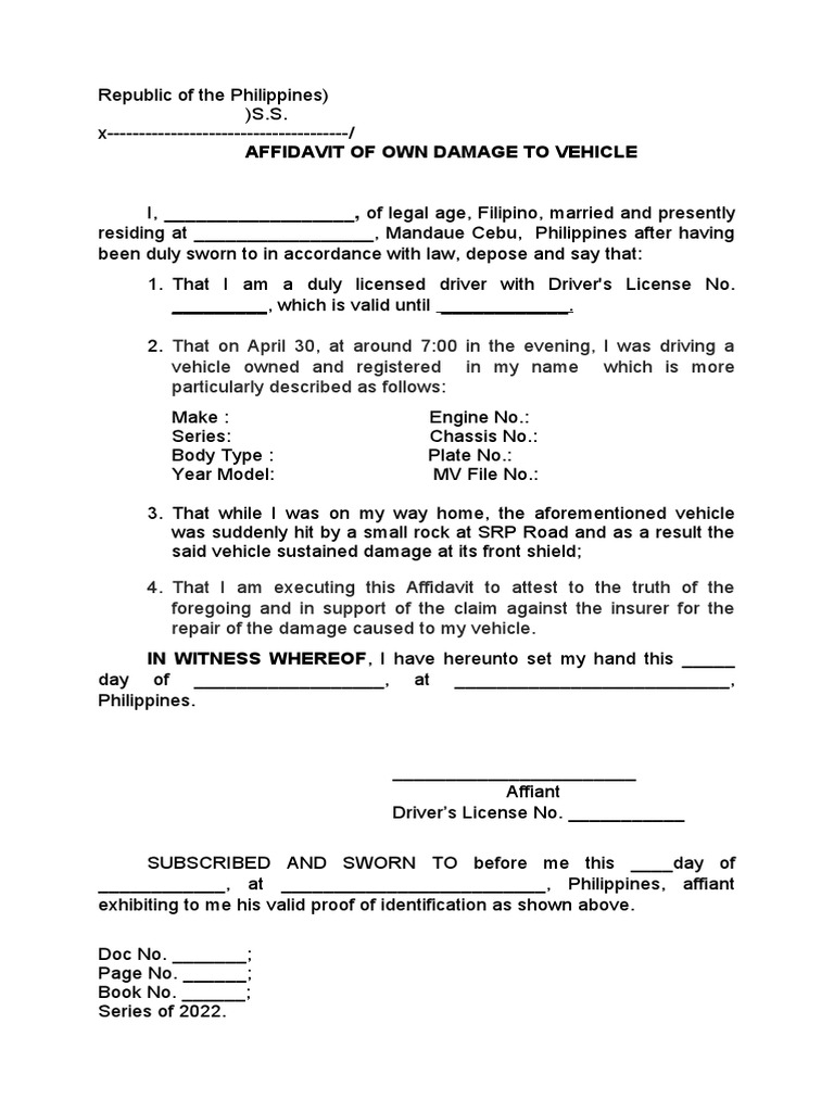 Affidavit of Own Damage Form | PDF