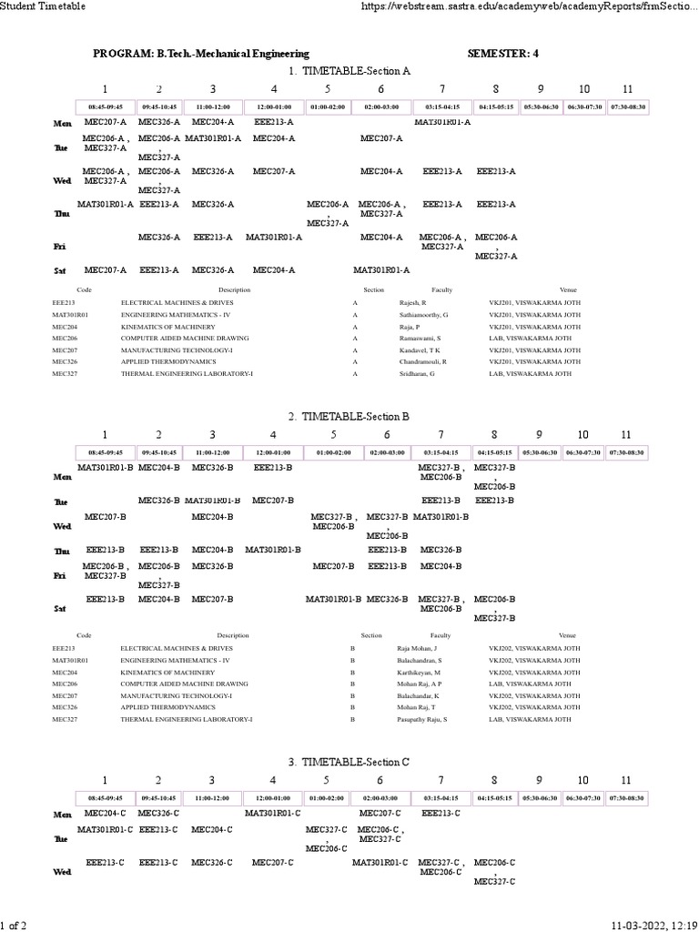 Mechanical Engineering Course Timetable for Semester 4 with Class ...
