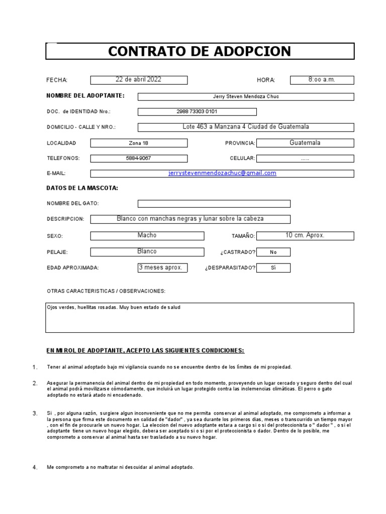 Contrato de Adopciones | PDF | Gatos | Mascota