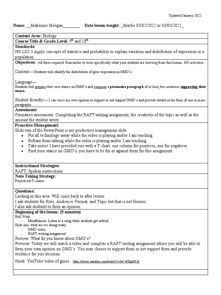 Makenziemeegan Raft Lesson Plan | PDF | Lesson Plan | Learning