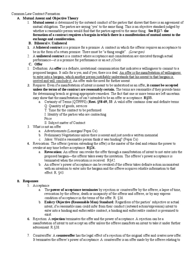 Contracts Succinct Outline | PDF | Offer And Acceptance | Law Of Agency