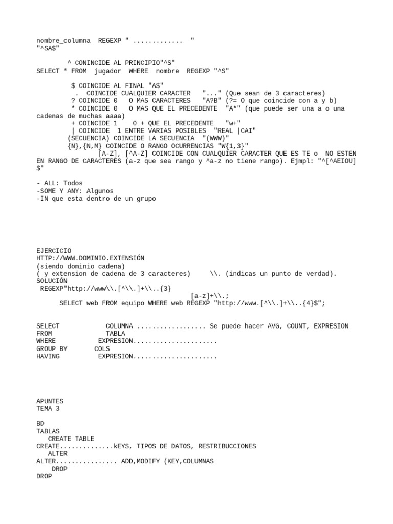 Expresiones regulares para validar cadenas en SQL | PDF | Expresión regular | Gestión de ...
