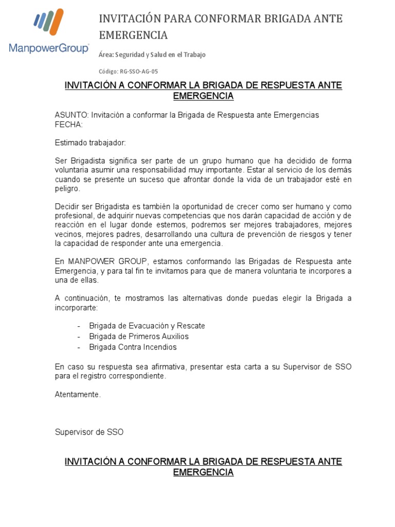 Invitación a Conformar Brigada de Emergencia | PDF | Negocios
