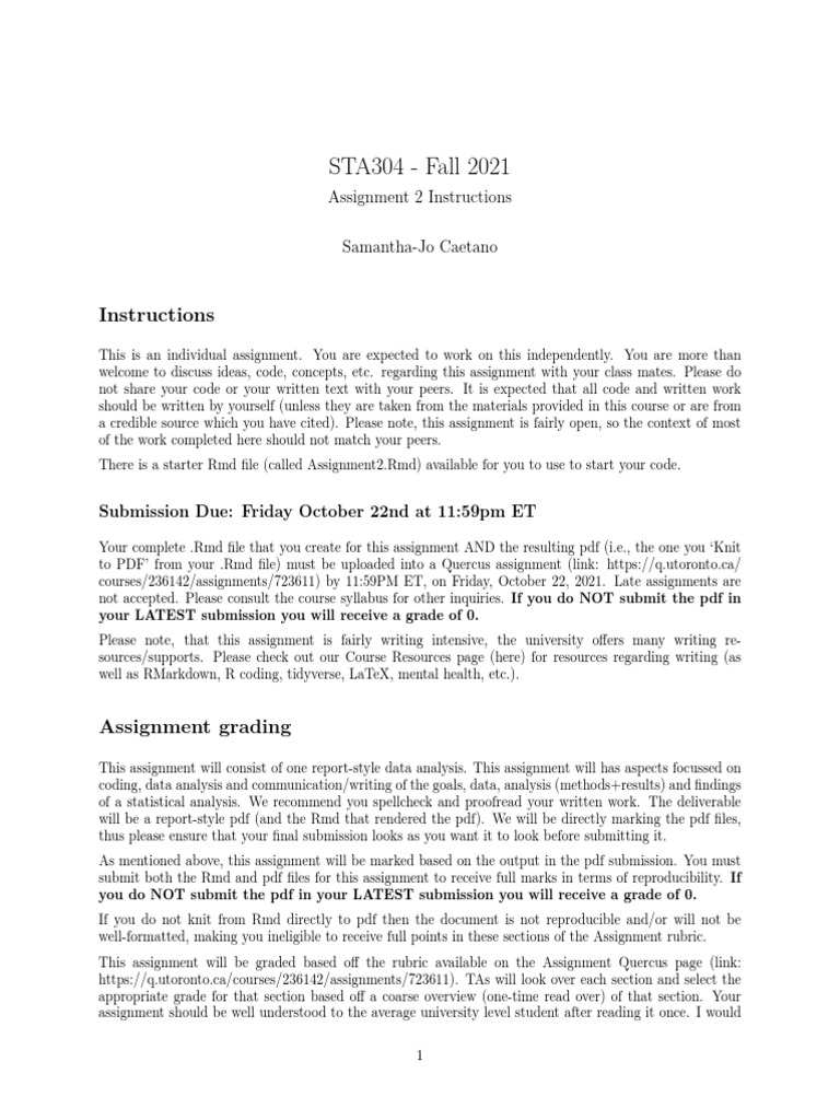 STA304 Assignment2 Instructions | PDF | Regression Analysis | Akaike Information Criterion