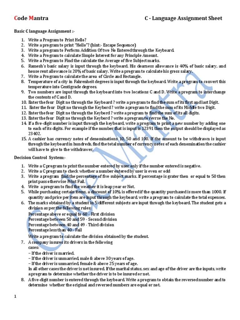 Ode Antra: C - Language Assignment Sheet | Download Free PDF | C ...
