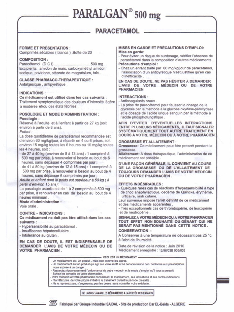 Notice Paralgan 500mg Comp. Sec. B 20 | PDF | Médecine clinique | Médecine