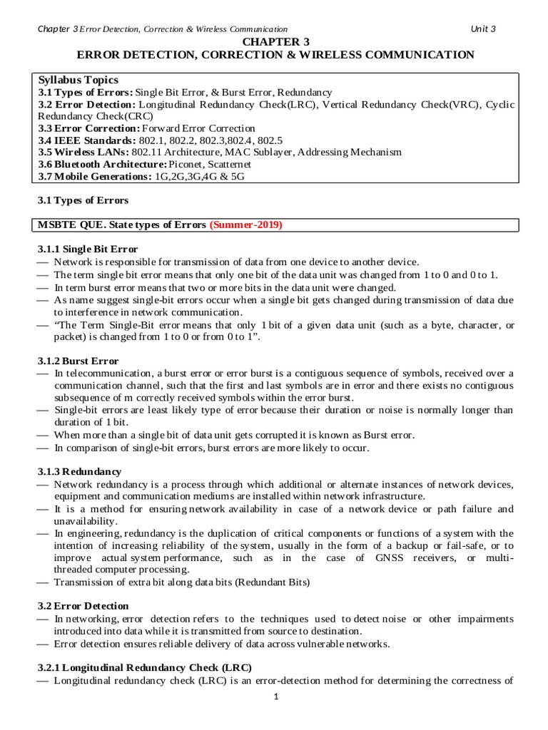 Upto CT1 Chapter 3 ERROR DETECTION, CORRECTION & WIRELESS COMMUNICATION | PDF | Error Detection ...