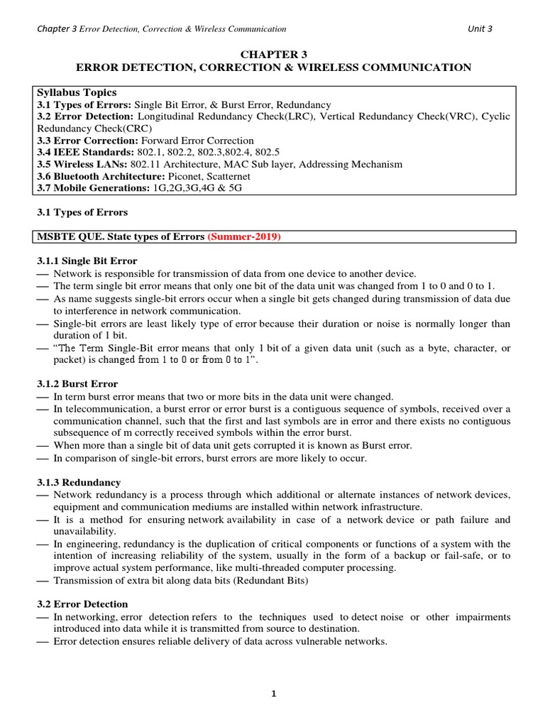Chapter 3 ERROR DETECTION, CORRECTION & WIRELESS COMMUNICATION | PDF | Computer Network | Error ...