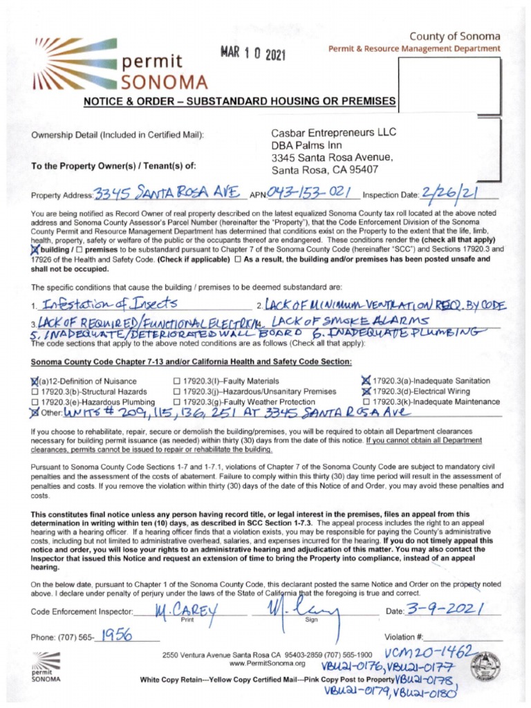 Sonoma County Code Enforcement Notice | PDF