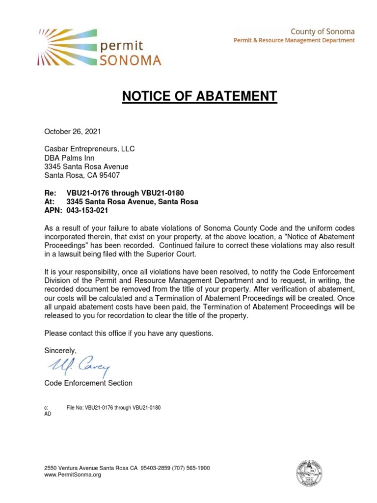 Sonoma County Notice of Abatement | PDF | Notary Public | Civil Law ...