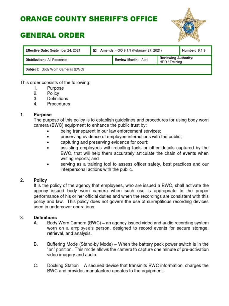 Orange County Sheriff'S Office General Order: Purpose | PDF | Video ...