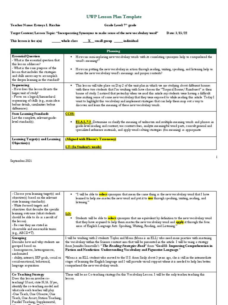 Designing Explicit Vocabulary Instruction LP - Eir | PDF