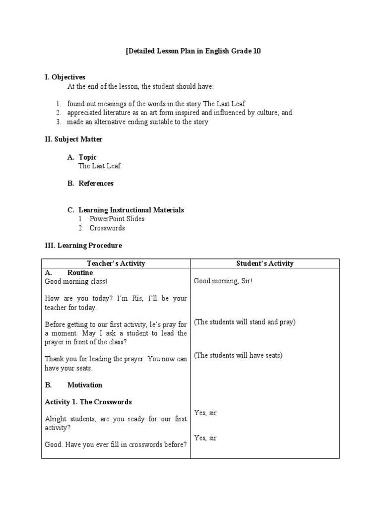 (Detailed Lesson Plan in English Grade 10 I. Objectives | Descargar ...