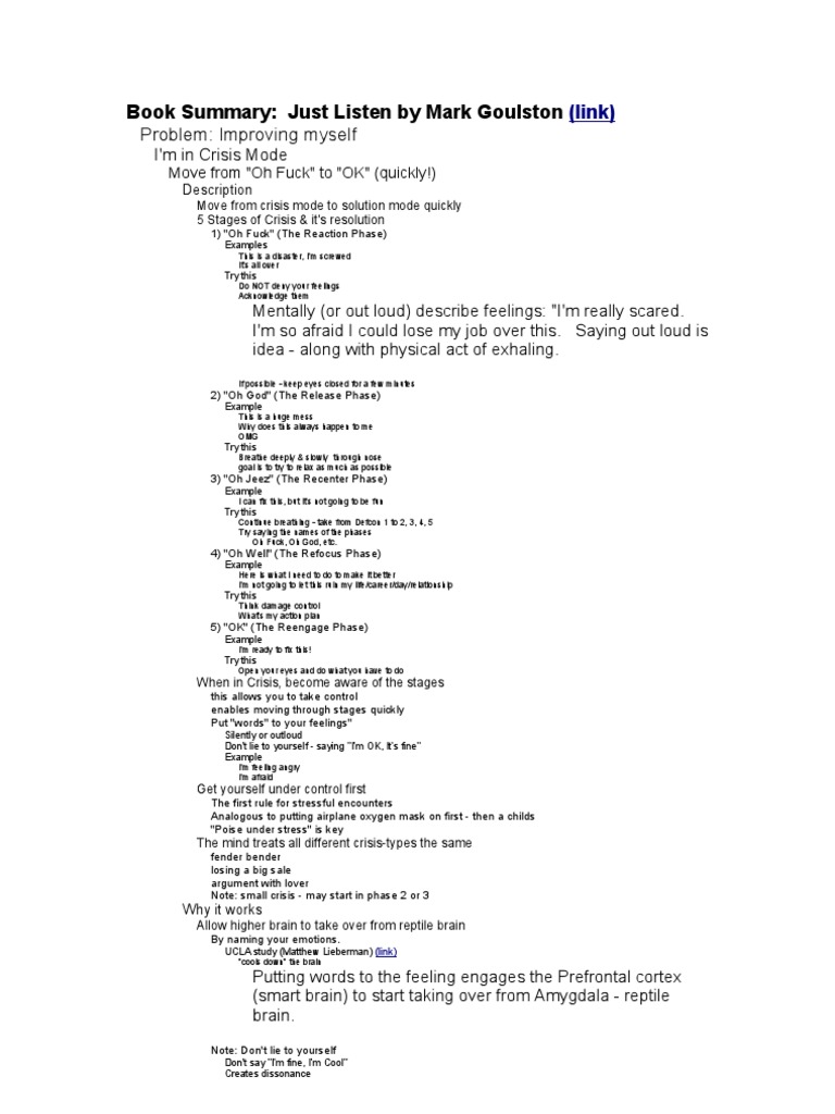Book Summary Just Listen by Mark Goulston | PDF | Limbic System ...