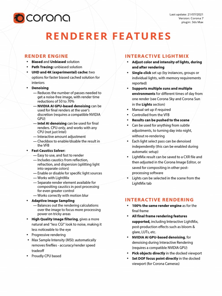 Corona Renderer Feature List | PDF | Shader | Rendering (Computer Graphics)