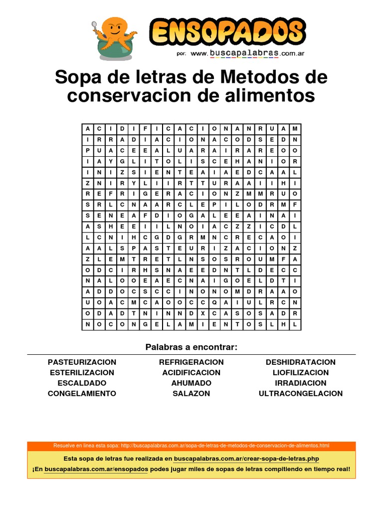 Sopa de Letras: Métodos de Conservación | PDF | Ciencia de los ...