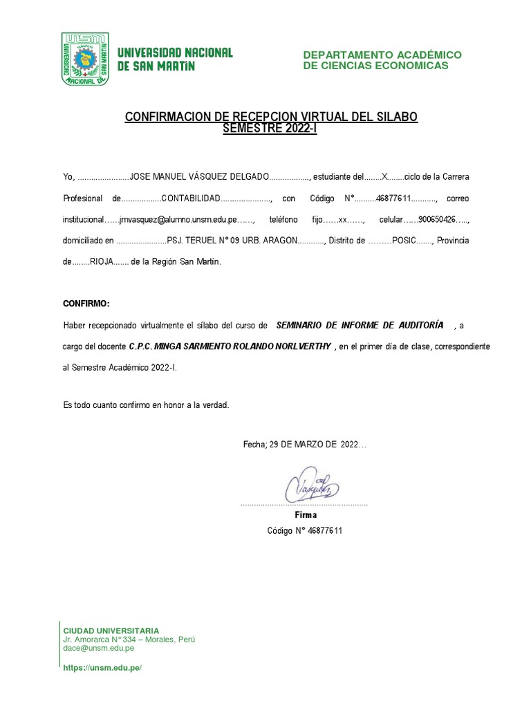 JOSE MANUEL VASQUEZ DELGADO Confirmación Silabo 2022-I - Seminario | PDF