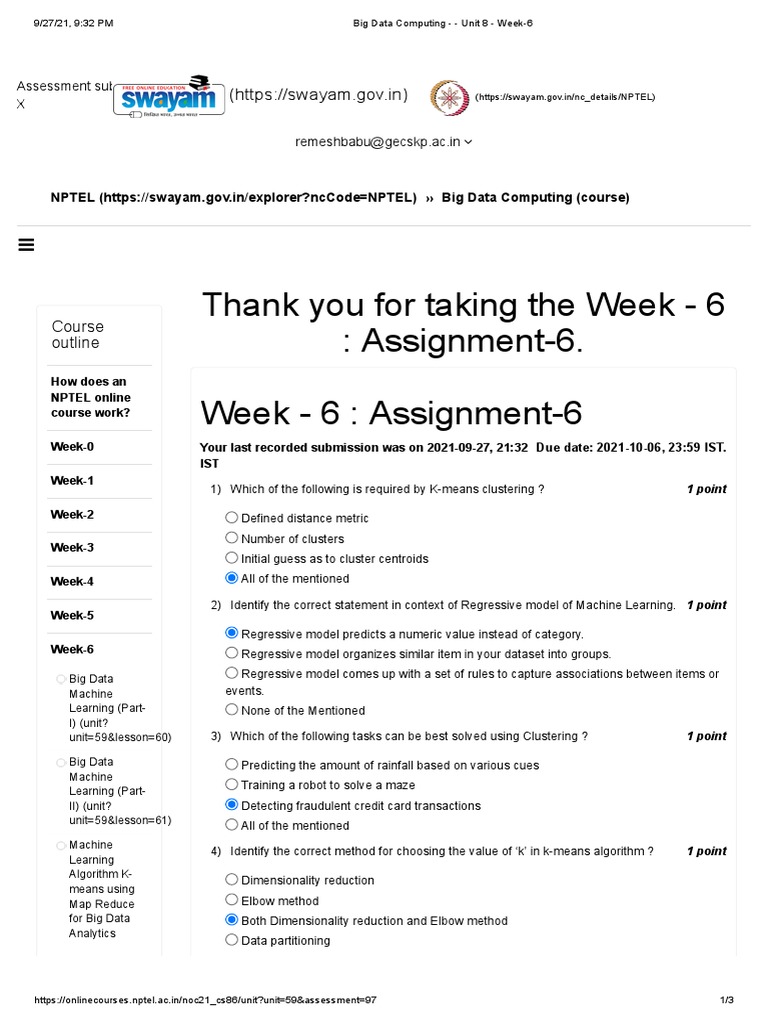 Big Data Computing - Assignment 6 | PDF | Cross Validation (Statistics) | Cluster Analysis