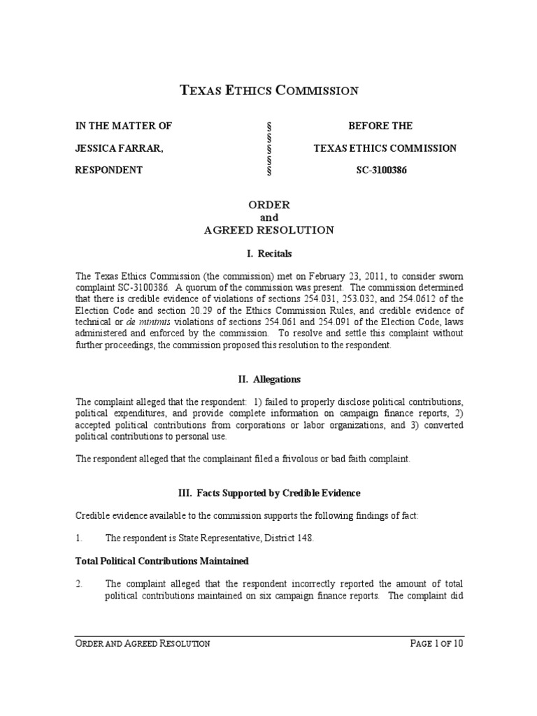 Jessica Farrar Ethics Fine | Download Free PDF | Political Action ...