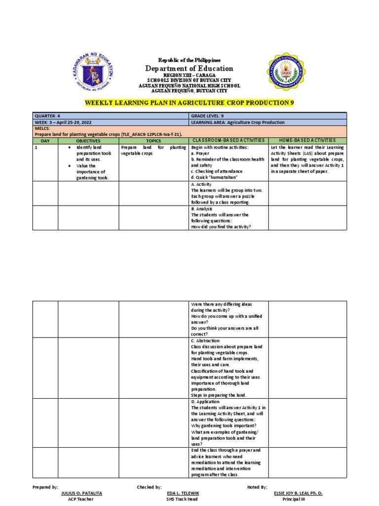 Department of Education: Weekly Learning Plan in Agriculture Crop ...