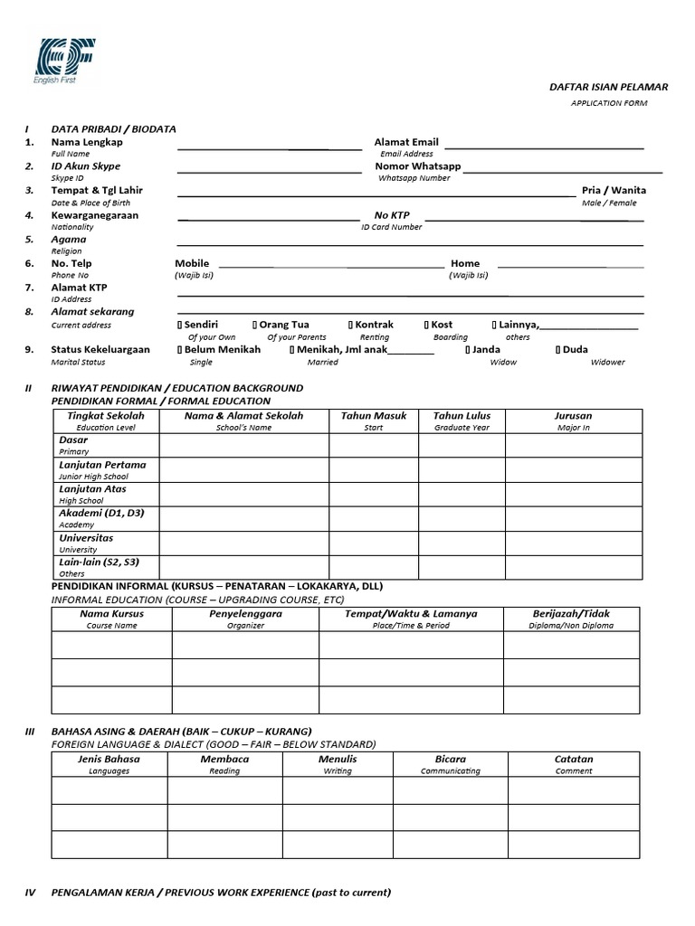 Form Pelamar EF Swara Group | PDF