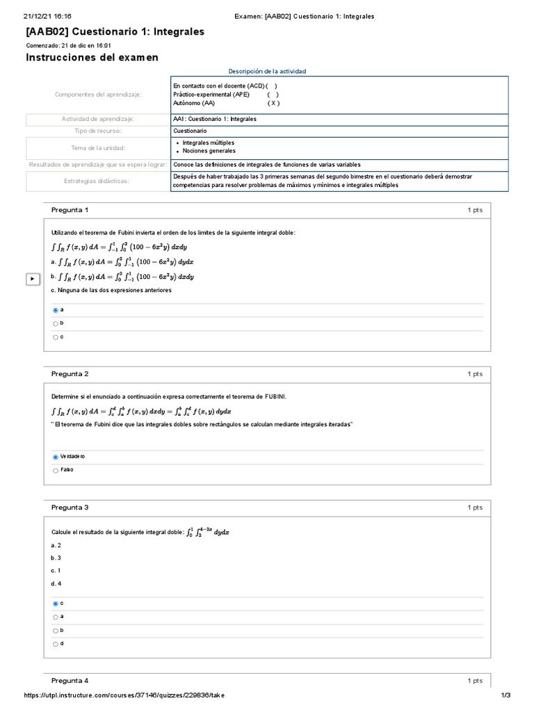 Examen - (AAB02) Cuestionario 1 - Integrales | PDF | Integral | Análisis matemático