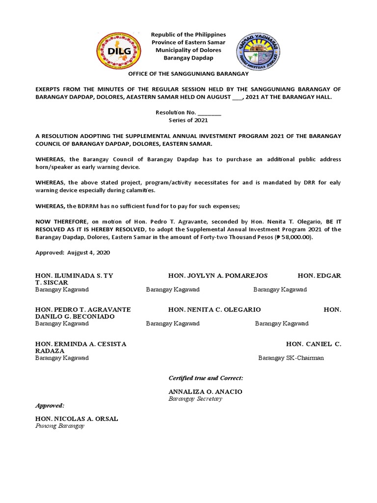 Resolution Authorizing the Disbursement of 10% SK Funds and Requesting ...