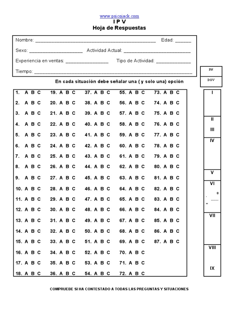 Test IPV (Hoja Respuestas) 2 | PDF