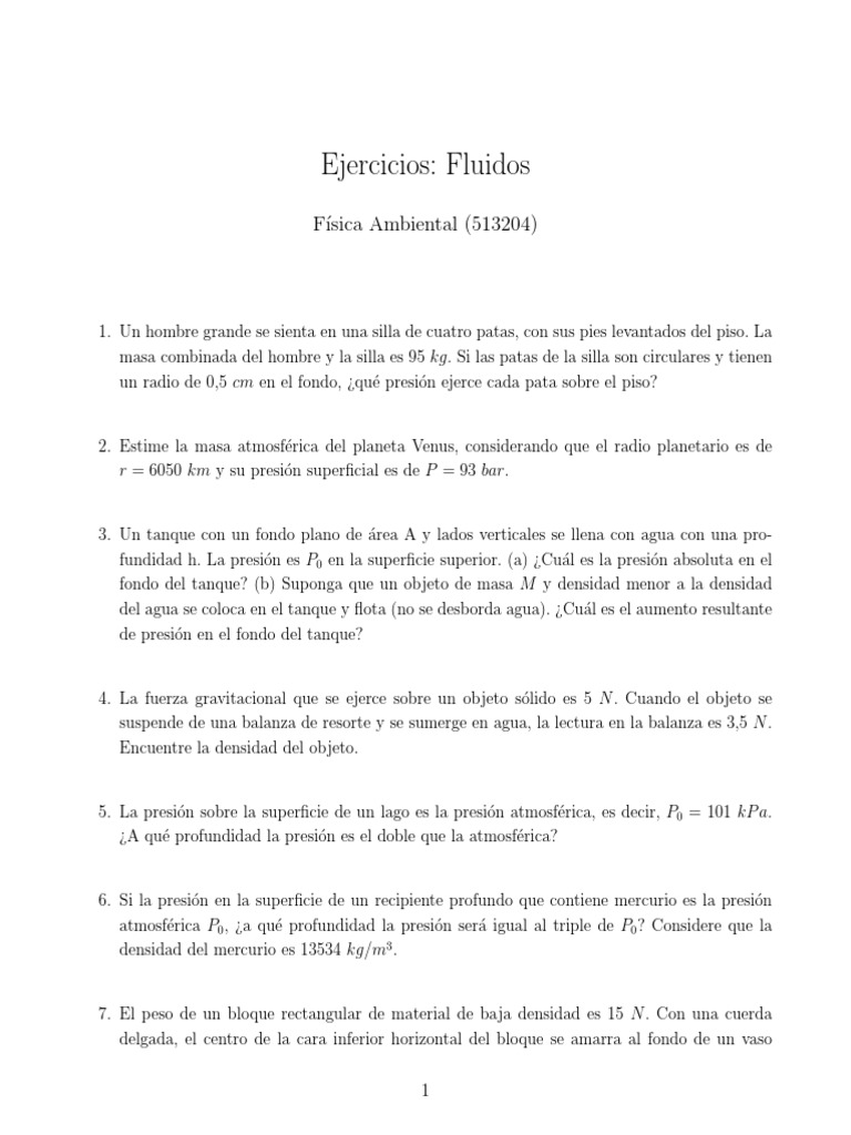 Ejercicios Fluidos | PDF | Agua | Presión