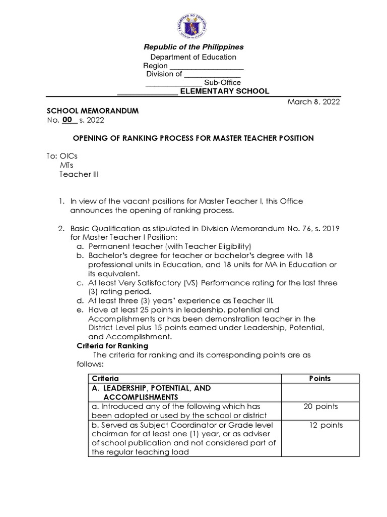 School Memo For Open Ranking For Master Teacher | PDF | Academic Degree ...