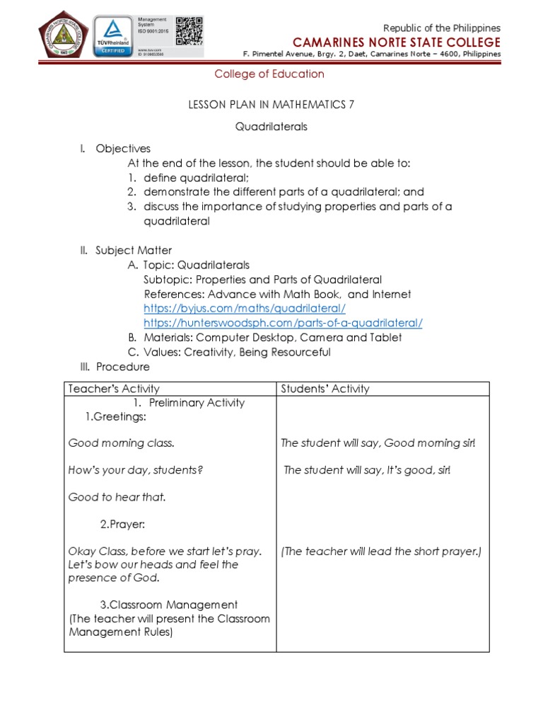 Lesson Plan For Quadrilaterals: Parts of Quadrilaterals | PDF | Angle ...