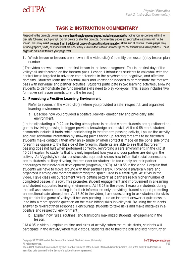 EdTPA PE Sample Task 2 Instrution Commentary | PDF | Learning | Teachers