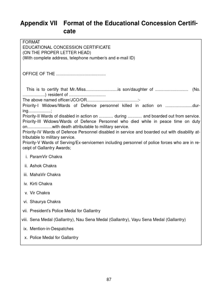 Appendix VII Format of The Educational Concession Certifi-Cate | PDF