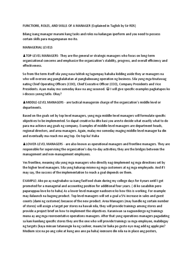Functions, Roles, and Skills of A Manager | PDF | Business | Chief ...
