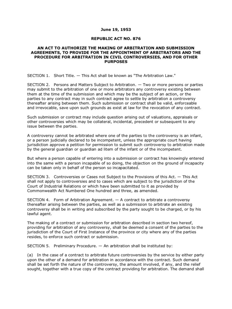 Republic Act 876 | PDF | Arbitration | Brief (Law)