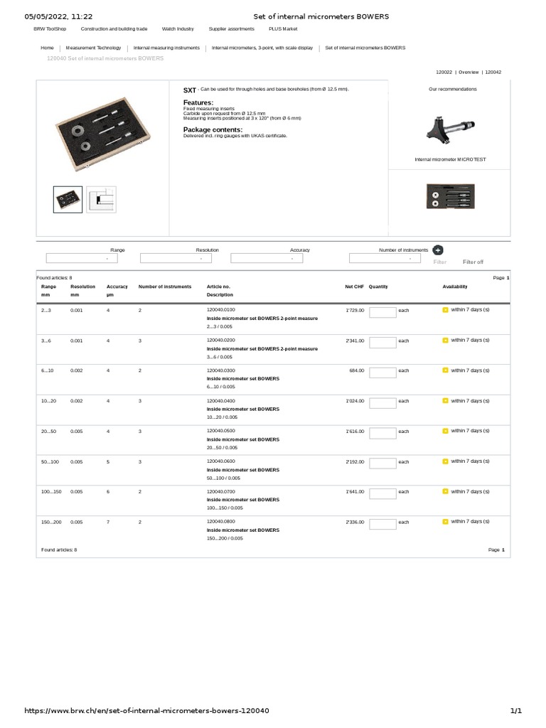 Set of Internal Micrometers BOWERS | PDF | Metrology | Measuring Instrument