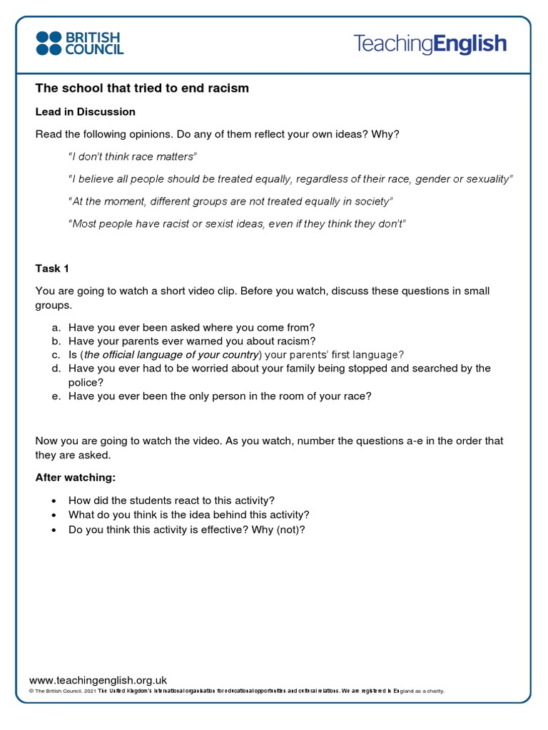 The School That Tried To End Racism Student Worksheet | PDF | Race ...