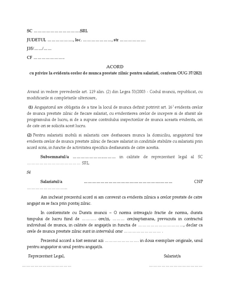 Acord Salariati Evidenta Program | PDF