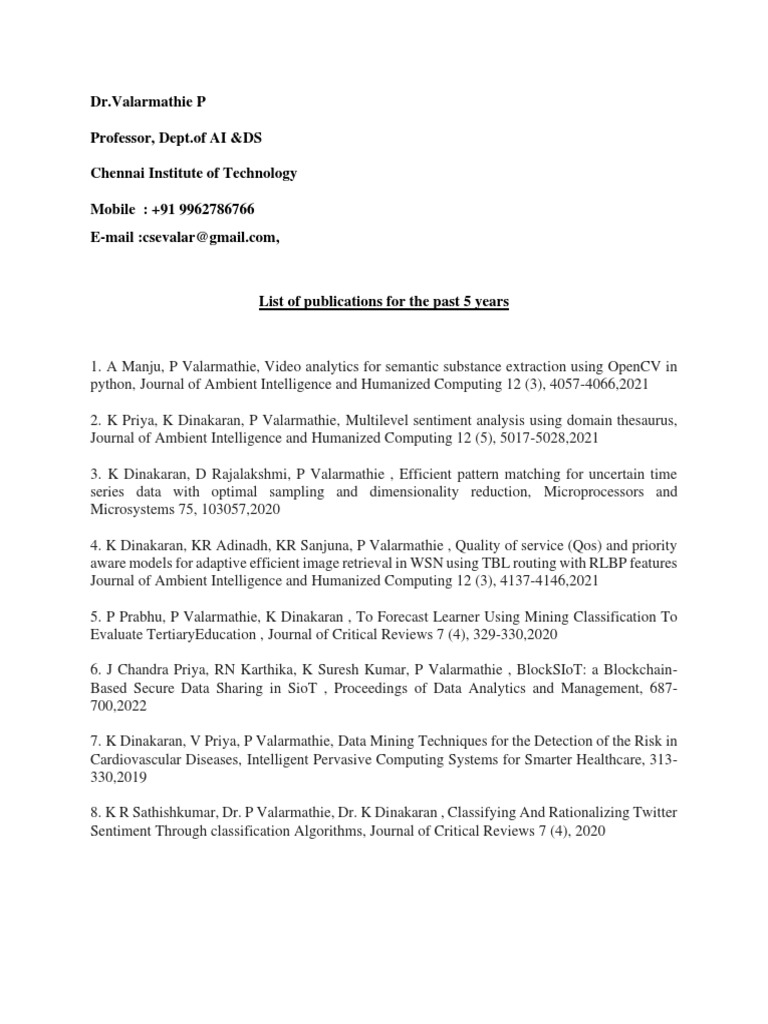 Valarmathie's Recent Publications List | PDF | Computers