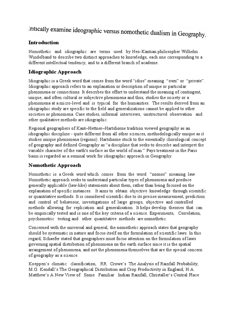 Idiographic Vs Nomothetic | Download Free PDF | Geography | Science