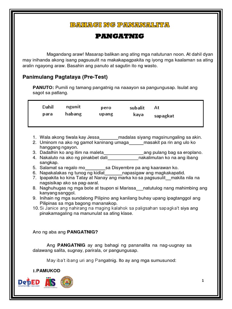 Bahagi NG Pananlita Pangatnig PDF | PDF