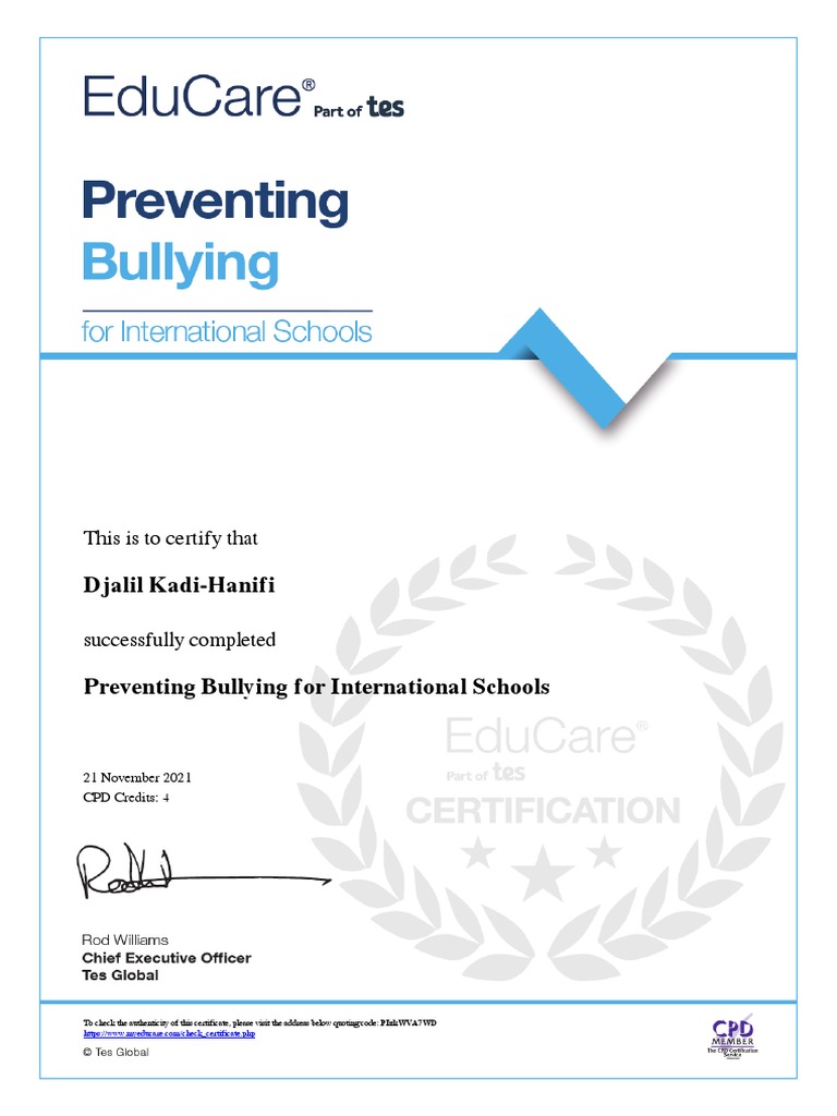Certificate of Completion: Bullying Prevention | PDF