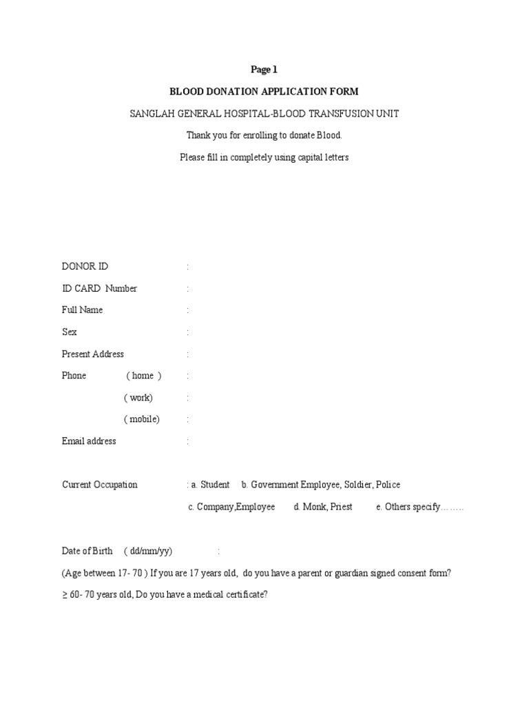 Blood Donation Aplication Form | PDF | Blood Donation | Medicine