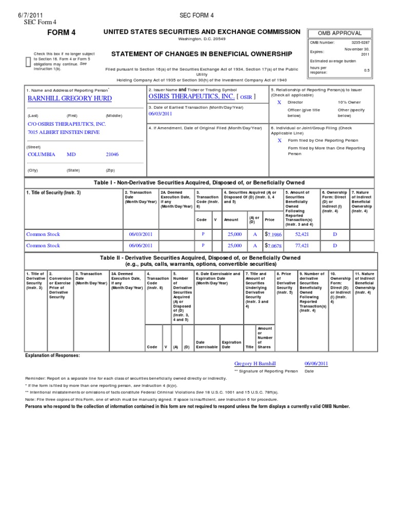 Form 4: Barnhill Gregory Hurd Osiris Therapeutics, Inc | PDF ...