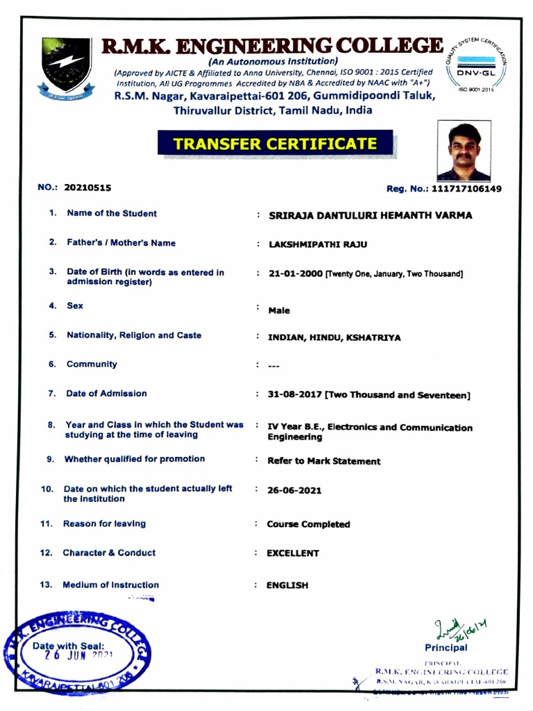 R.M.K. Engineering College: Transfer Certificate | PDF
