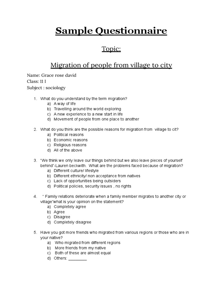 Sample Questionnaire | PDF | Human Migration | Immigration