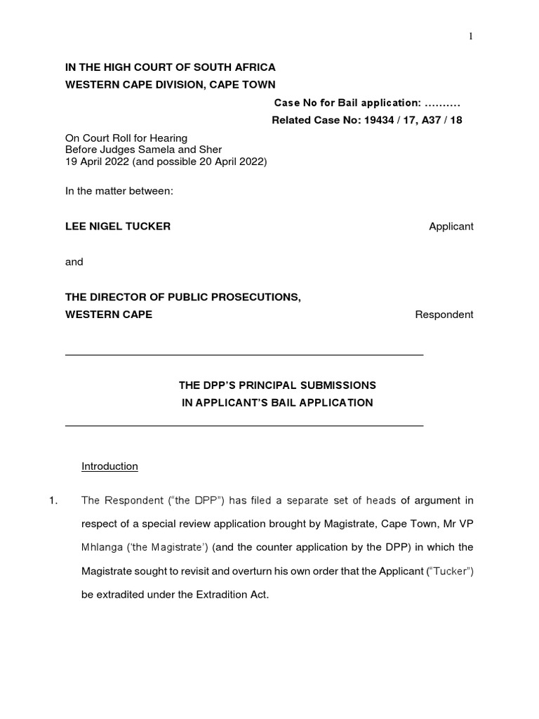 DPP's Heads of Argument in Respect of Applicant's Bail Application Stelzner Final | PDF | Bail ...